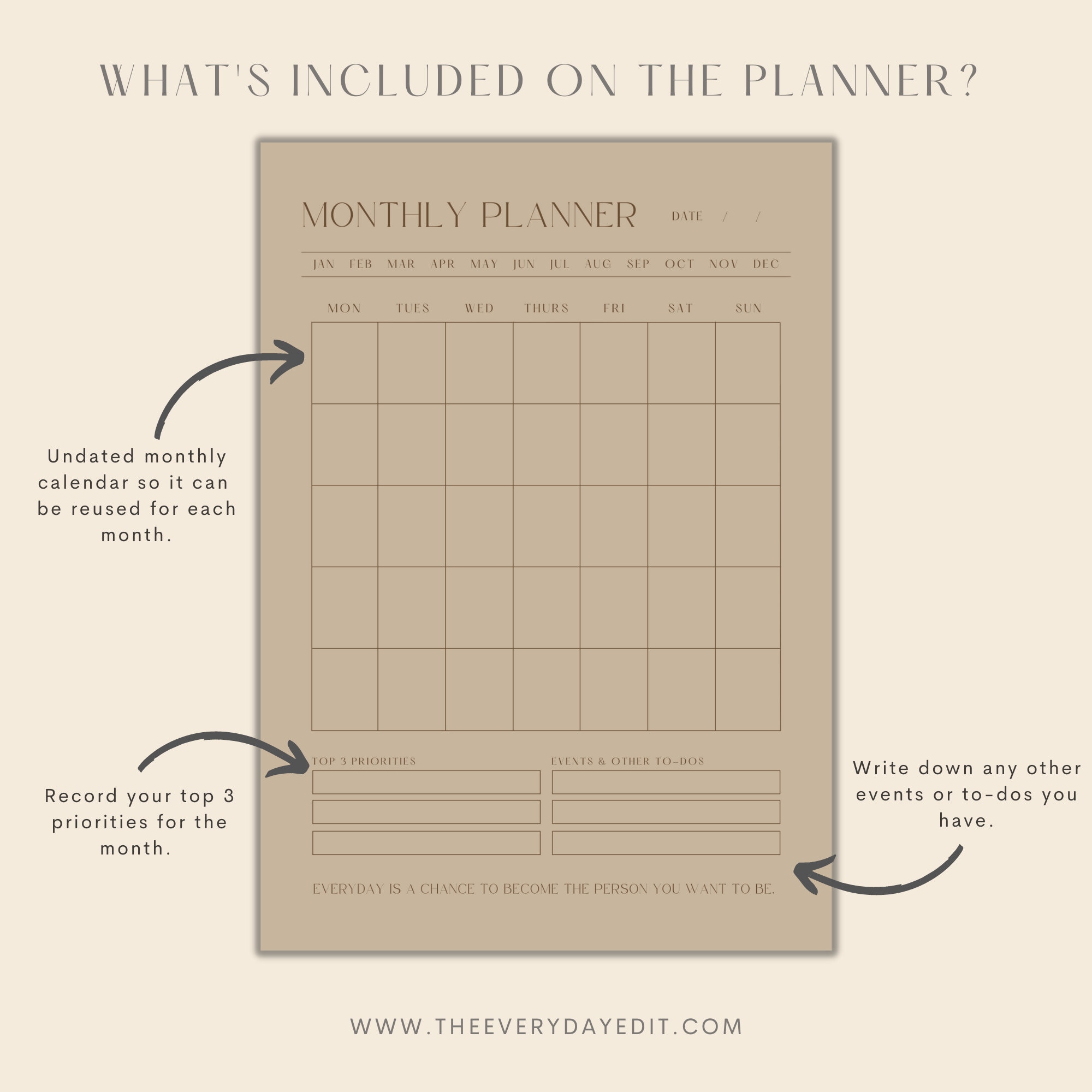 Undated Monthly Planner Printable Monthly Calendar Printable - Etsy