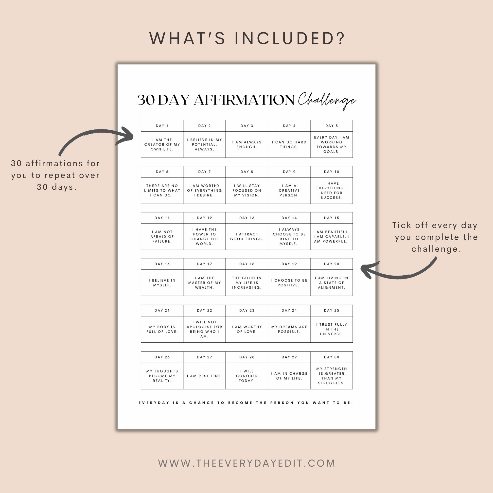 30 Day Affirmation Challenge Printable, 30 Day Challenge, Daily ...
