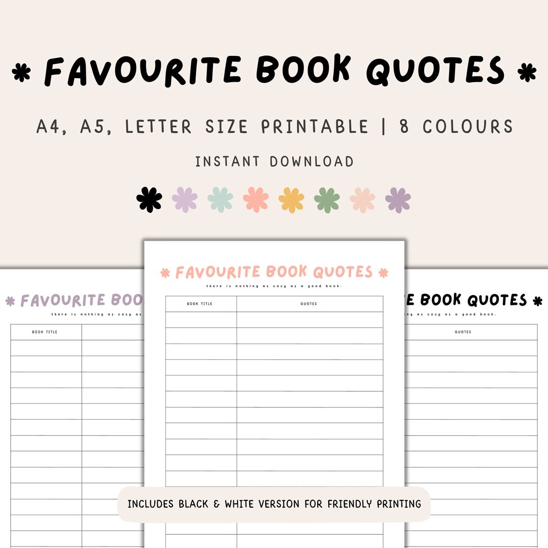 Favourite Book Quotes Tracker Printable, Book Journal, Reading Journal ...