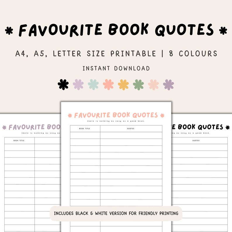 Favourite Book Quotes Tracker Printable, Book Journal, Reading Journal ...