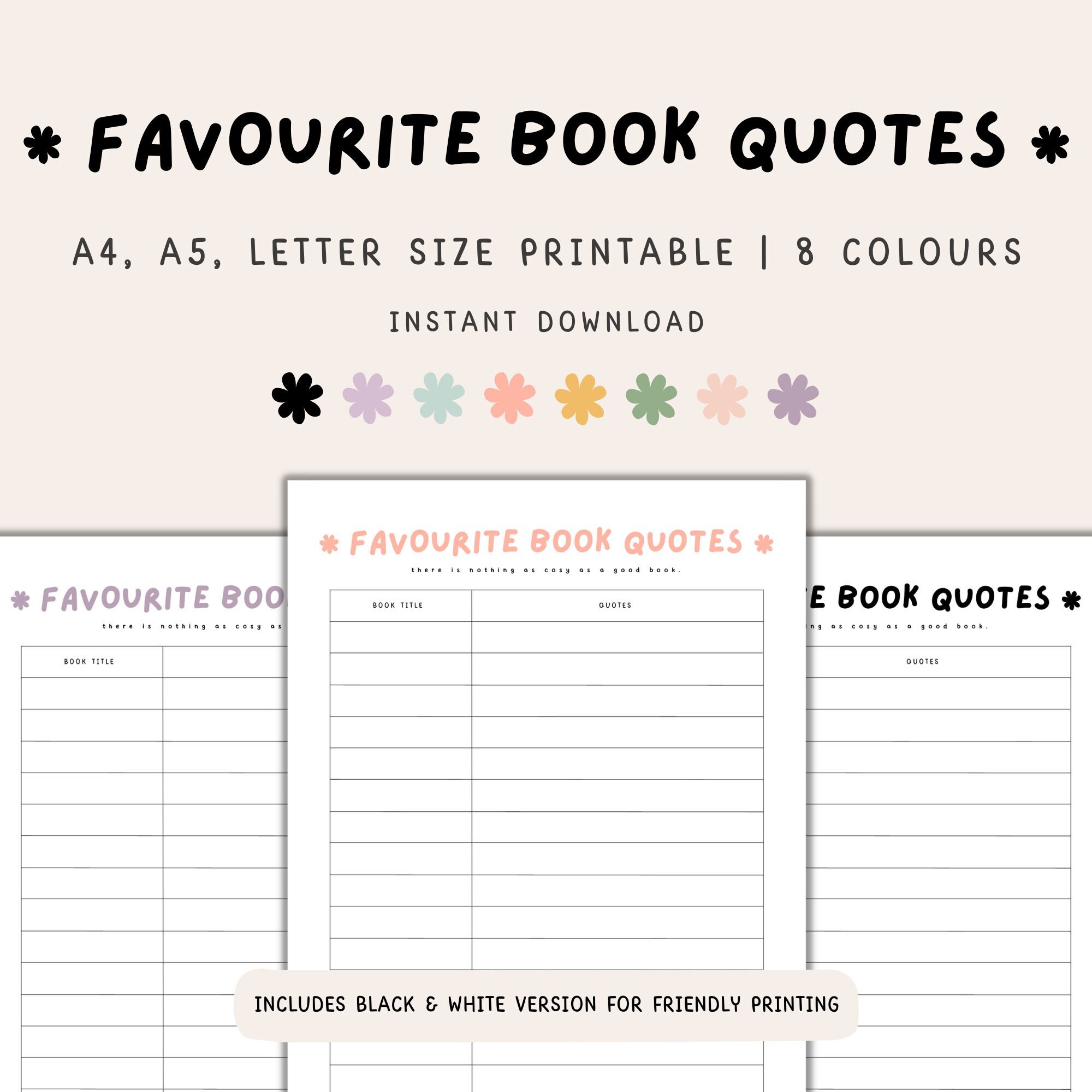 Favourite Book Quotes Tracker Printable, Book Journal, Reading Journal ...
