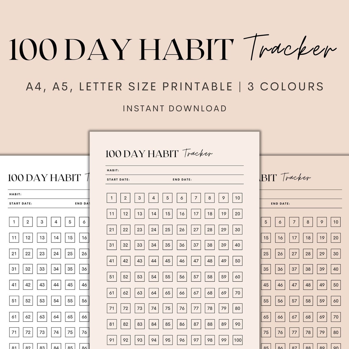 100 Day Habit Tracker Printable, Habit Planner, Goal Tracker, Goal ...