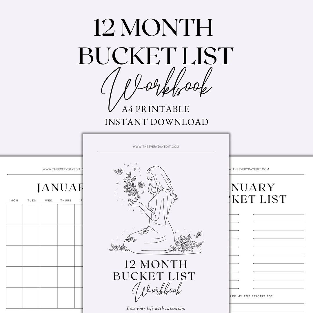 12 Month Bucket List Workbook Printable, Bucket List Tracker, Bucket ...