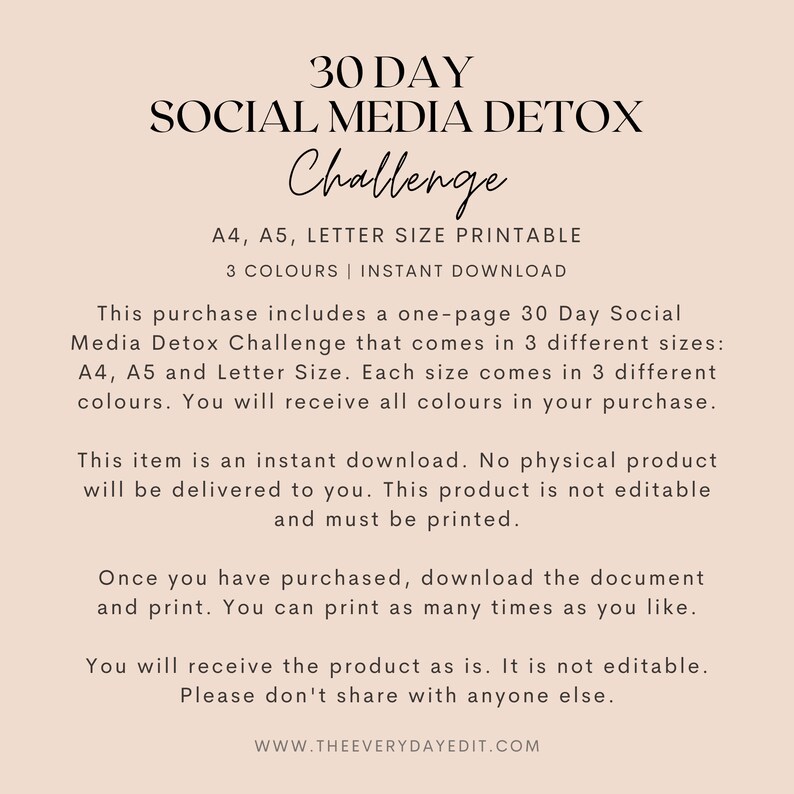 30 Day Social Media Detox Challenge Printable, 30 Day Challenge, Social ...