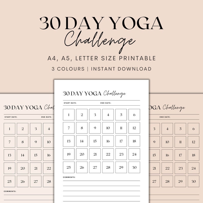 30 Day Yoga Challenge Printable, 30 Day Challenge Tracker, Yoga Planner ...