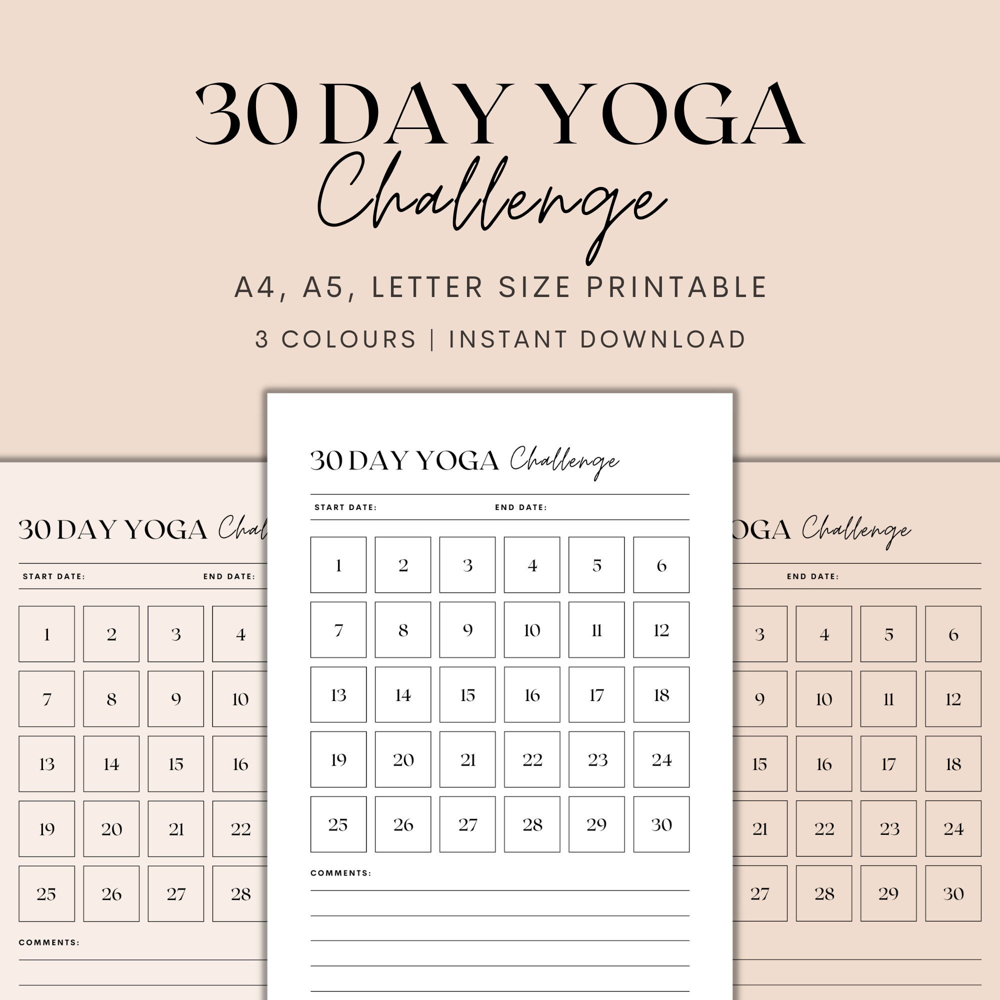 30 Day Yoga Challenge Printable, 30 Day Challenge Tracker, Yoga Planner ...