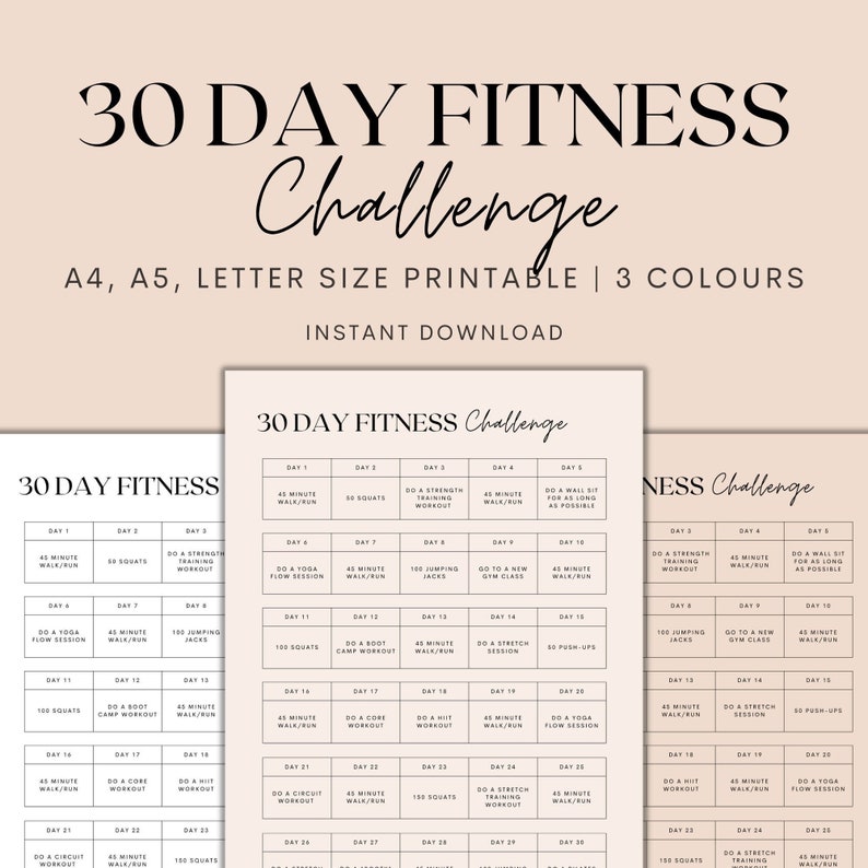 30 Day Fitness Challenge Printable, 30 Day Challenge, 30 Day Tracker ...