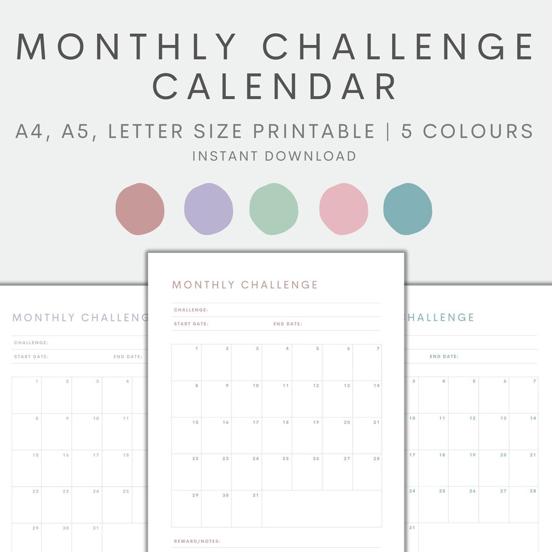 Monthly Challenge Calendar Printable, Monthly Planner Printable ...