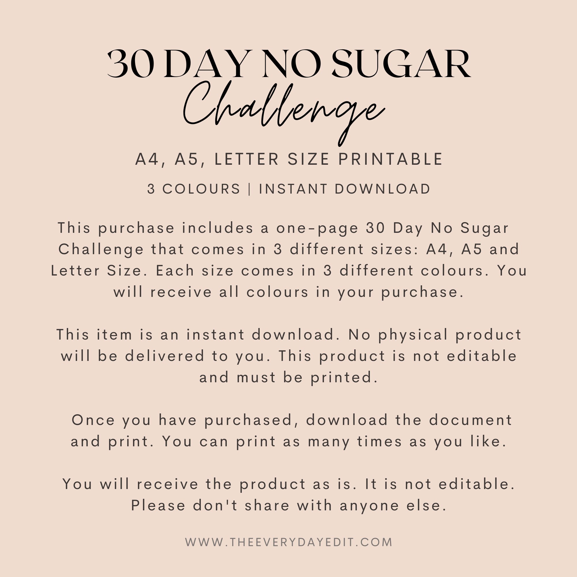 30 Day No Sugar Challenge Printable, 30 Day Challenge, No Sugar Tracker ...