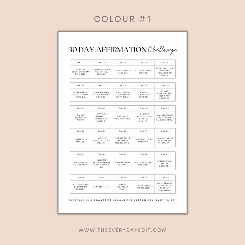 30 Day Affirmation Challenge Printable, 30 Day Challenge, Daily ...