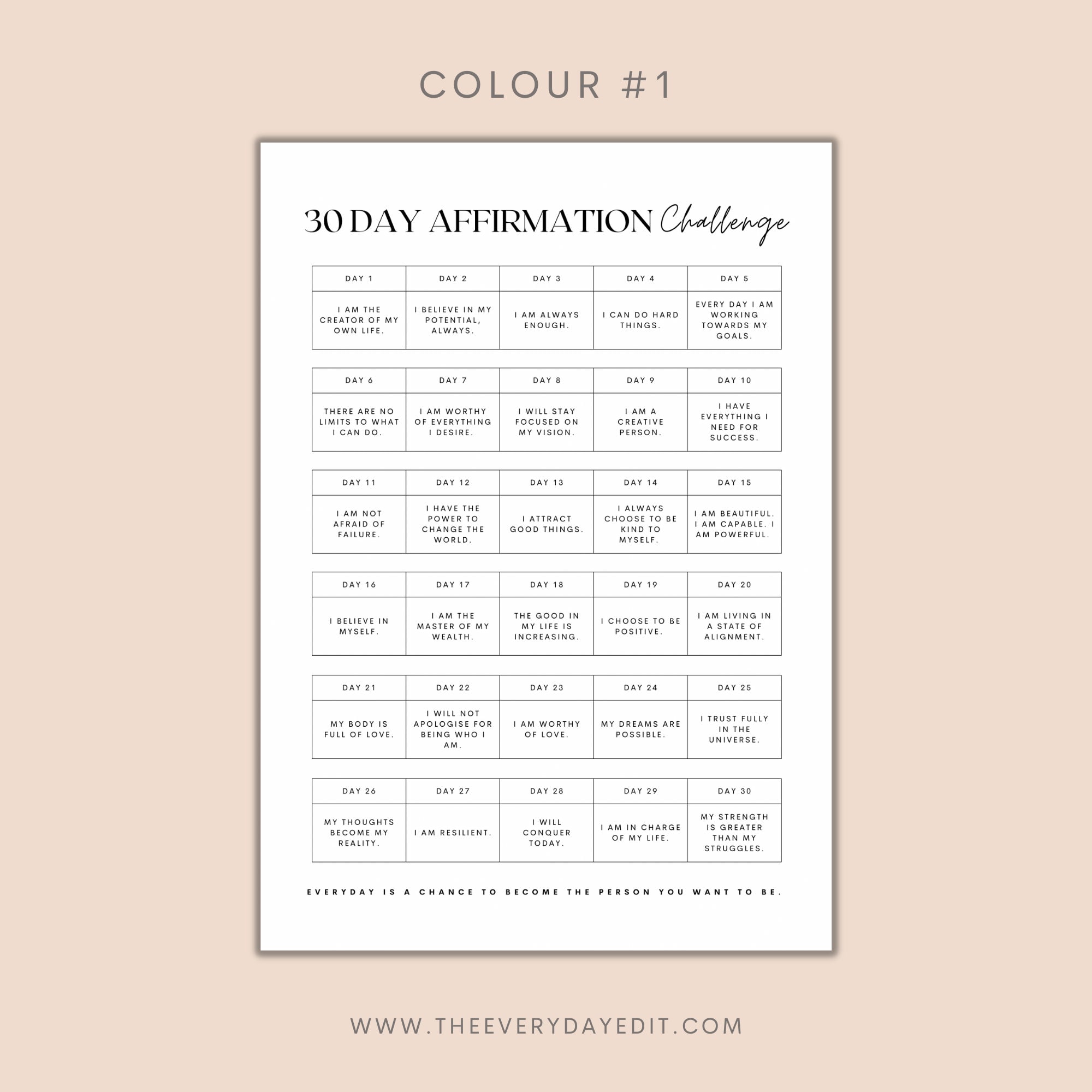 30 Day Affirmation Challenge Printable, 30 Day Challenge, Daily ...