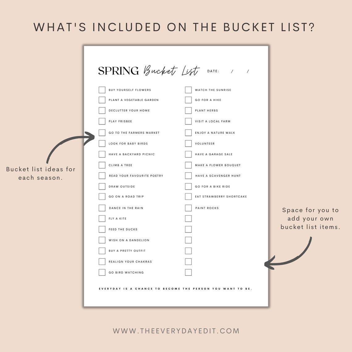 Seasonal Bucket List Printable, Spring Bucket List, Summer Bucket List ...