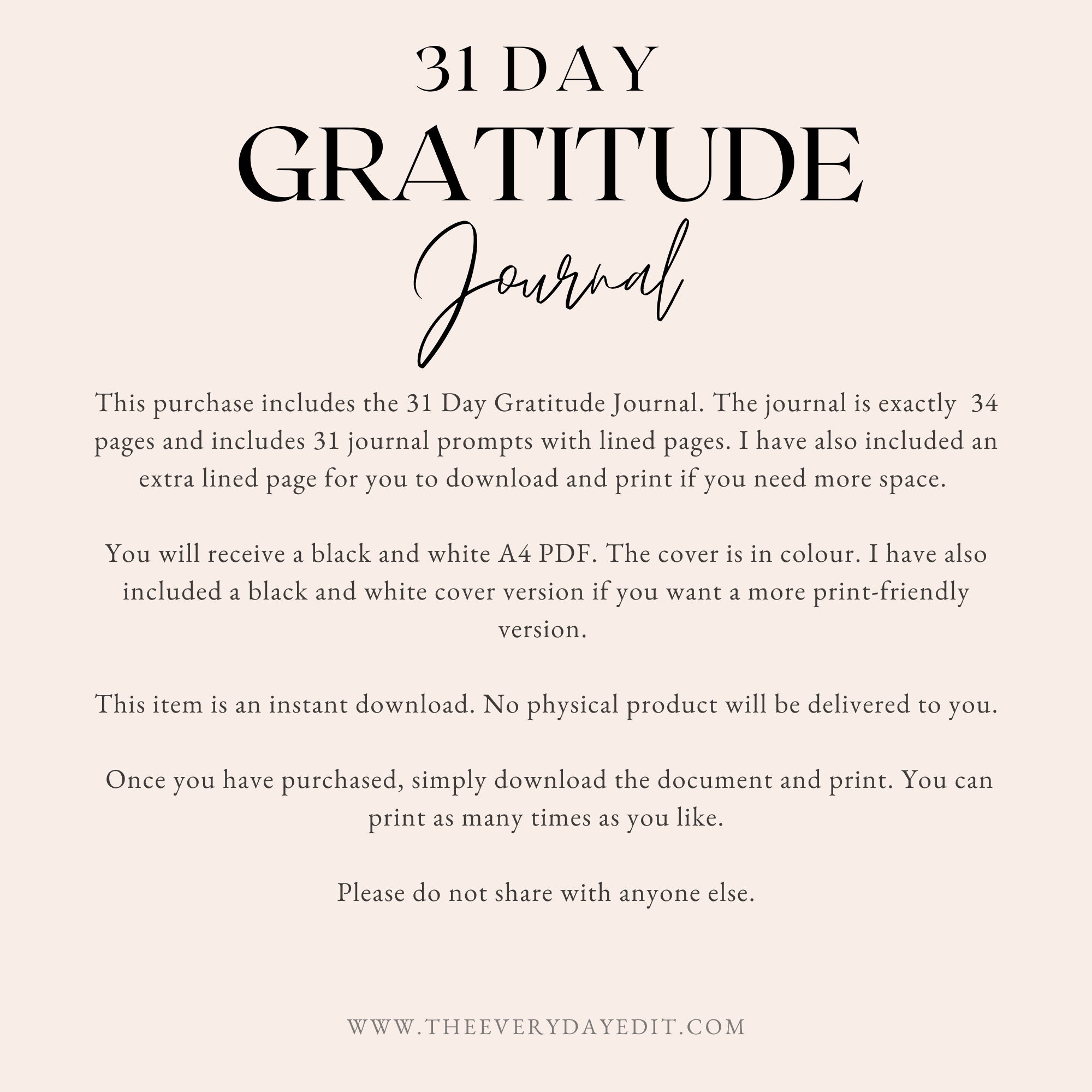 31 Day Gratitude Journal Printable, Daily Journal Pages, Gratitude ...