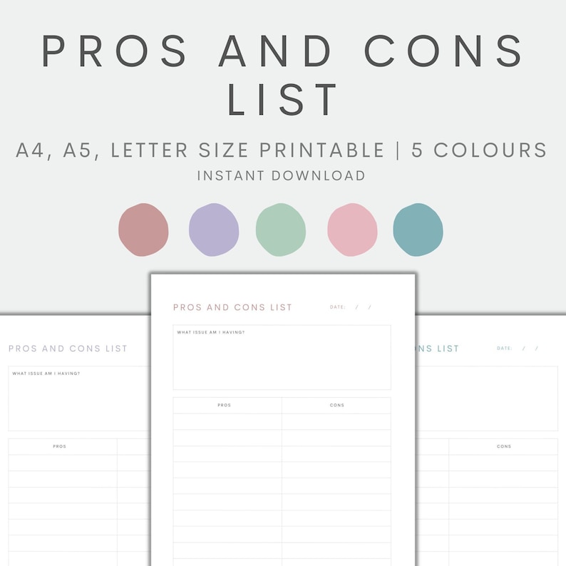 Pros and Cons List Printable, List Template, Planner Insert Printable ...