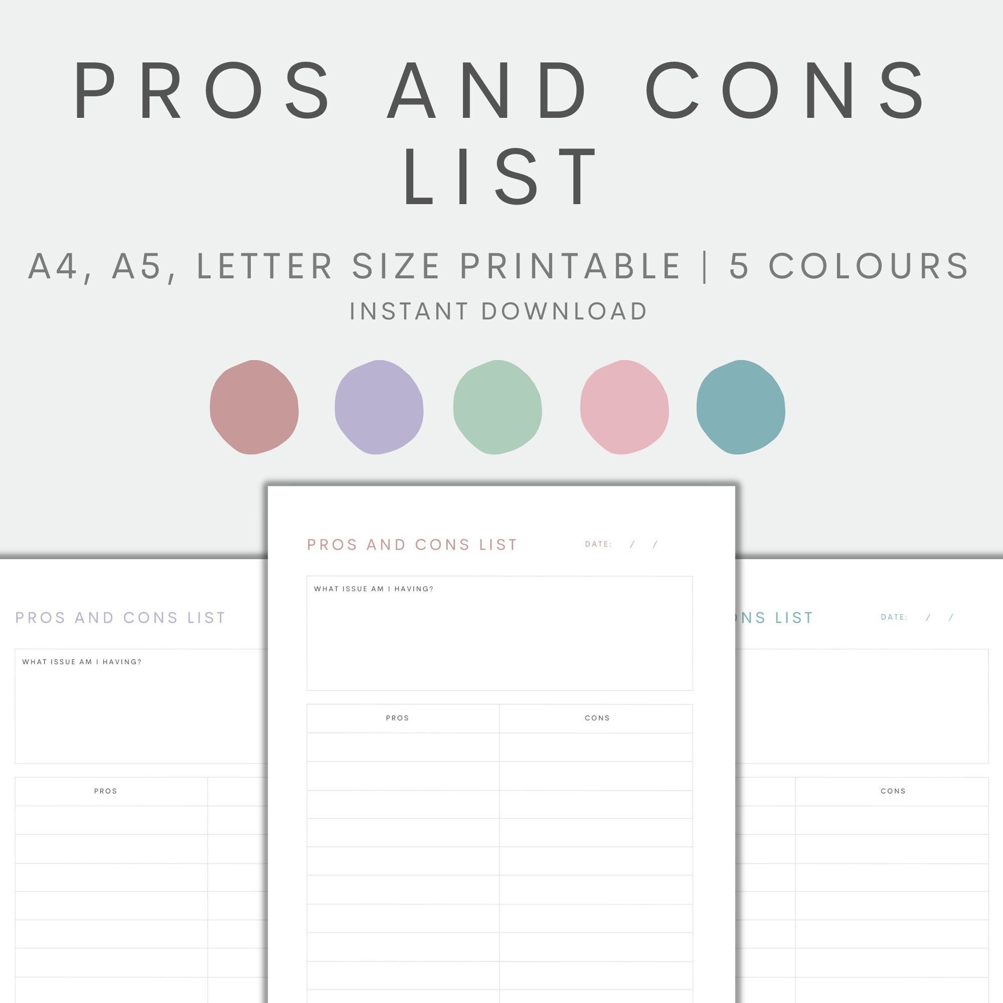 Pros and Cons List Printable, List Template, Planner Insert Printable ...
