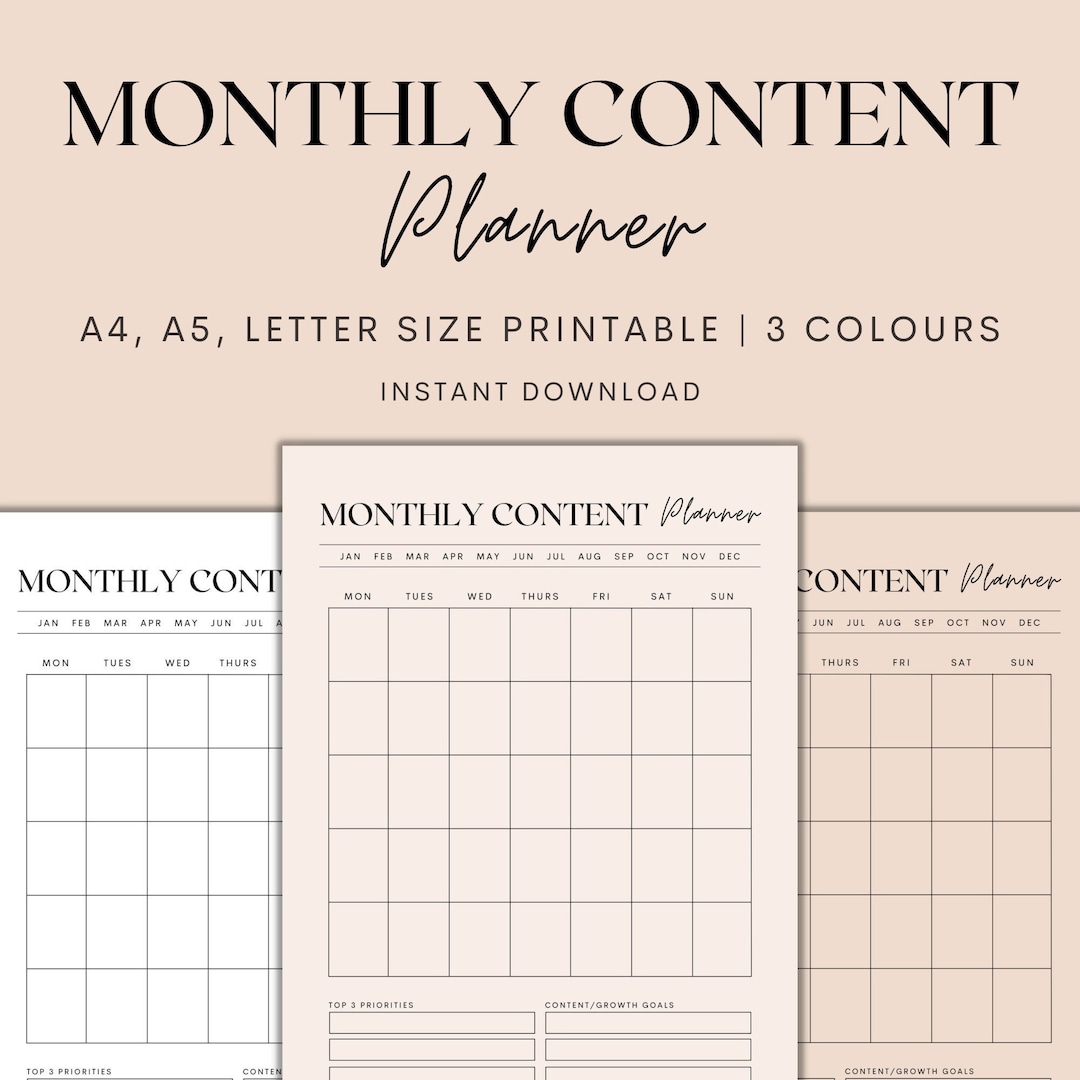 Undated Monthly Content Planner Printable, Social Media Planner, Blog ...