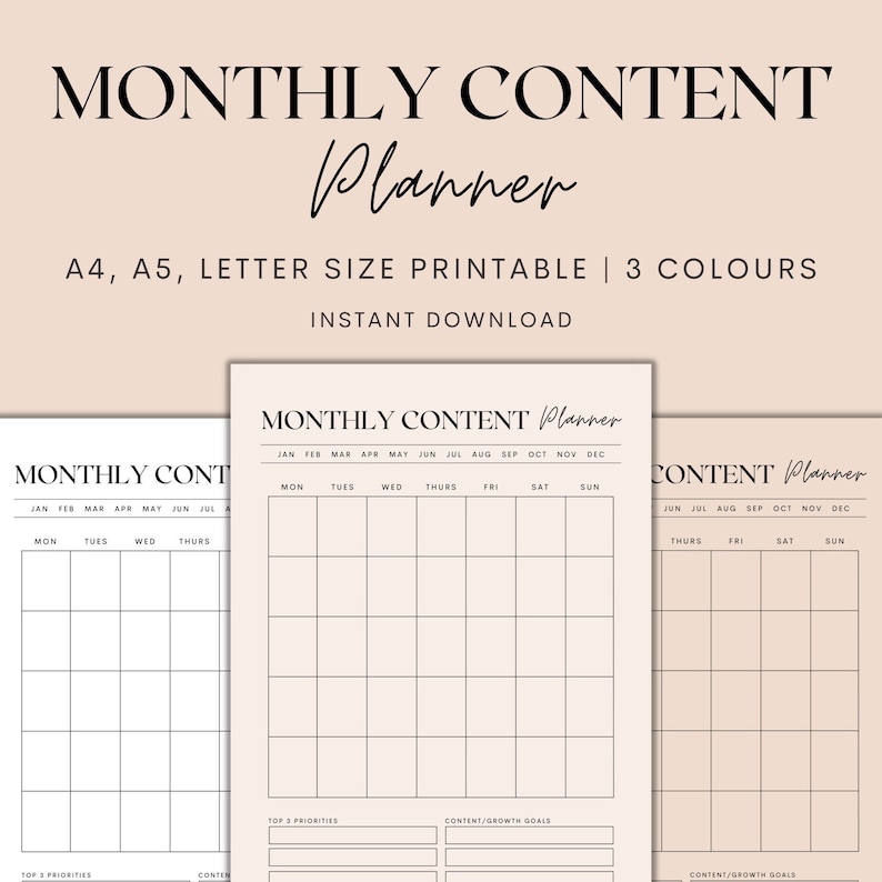 Undated Monthly Content Planner Printable, Social Media Planner, Blog ...