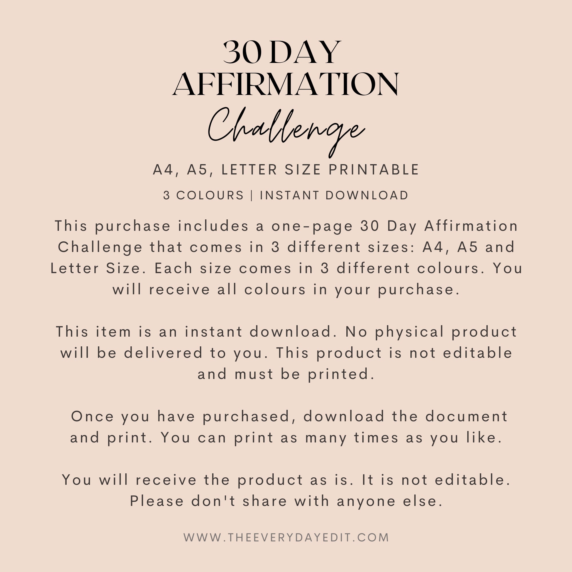 30 Day Affirmation Challenge Printable, 30 Day Challenge, Daily ...