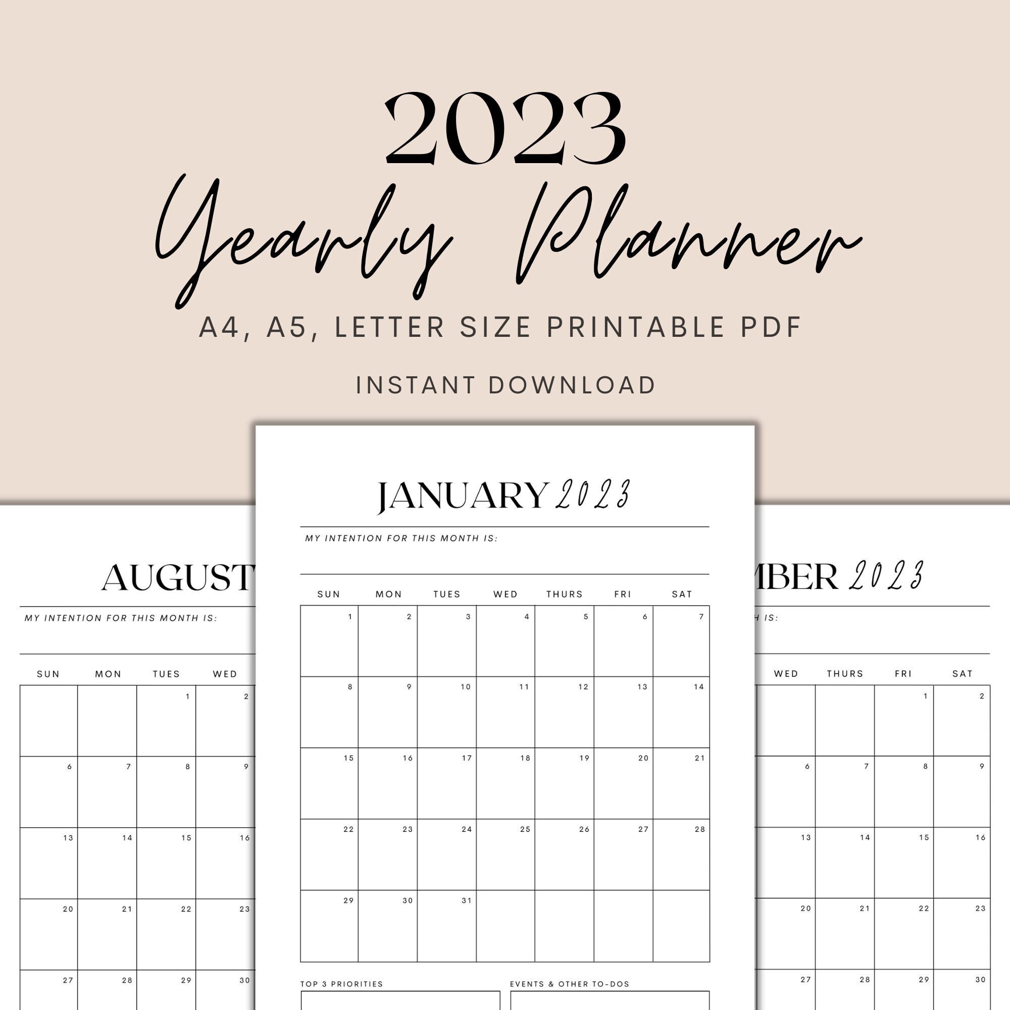 Minimalist 2023 Yearly Planner Printable Yearly Calendar - Etsy Australia