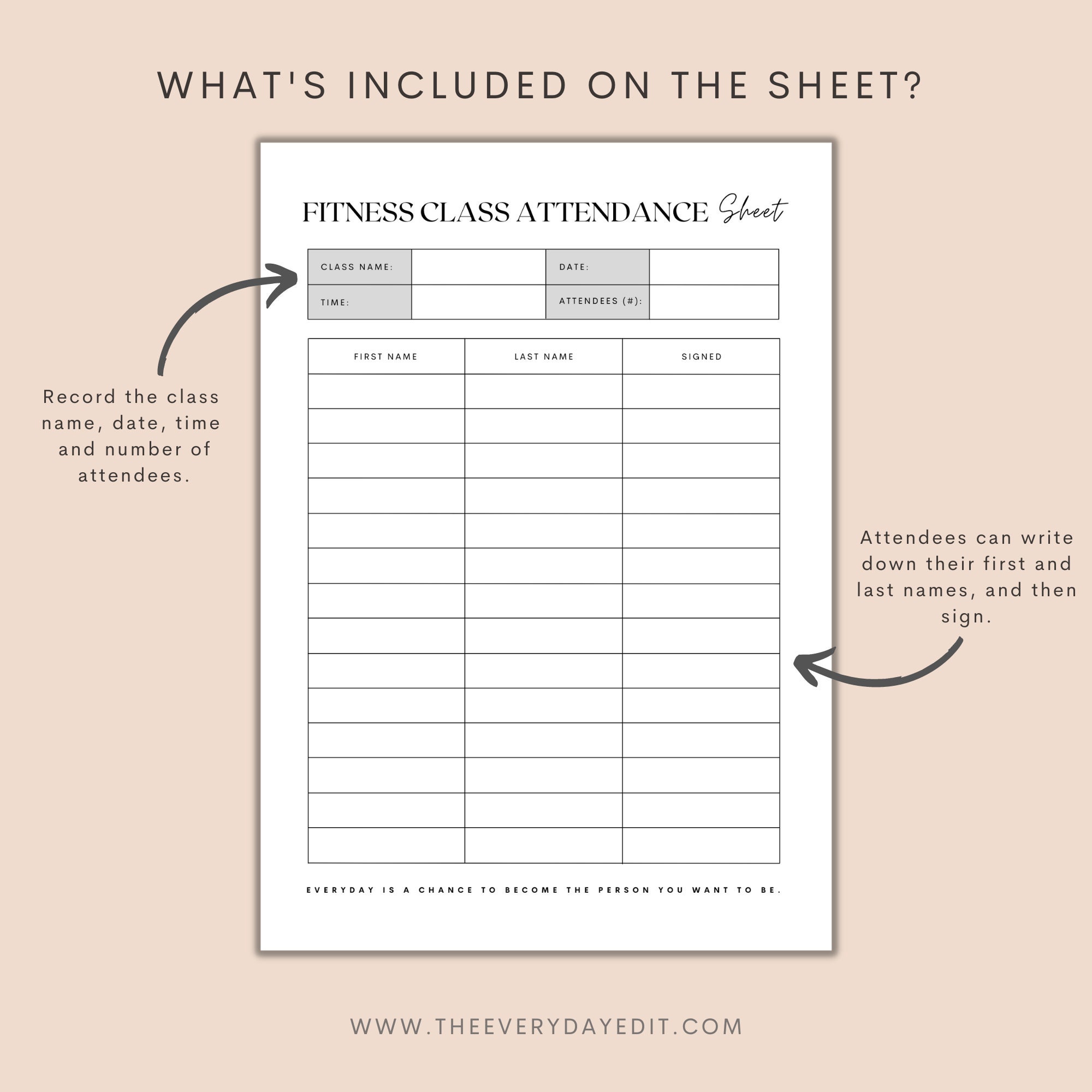 Fitness Class Attendance Sheet Printable, Sign off Sheet, Fitness ...