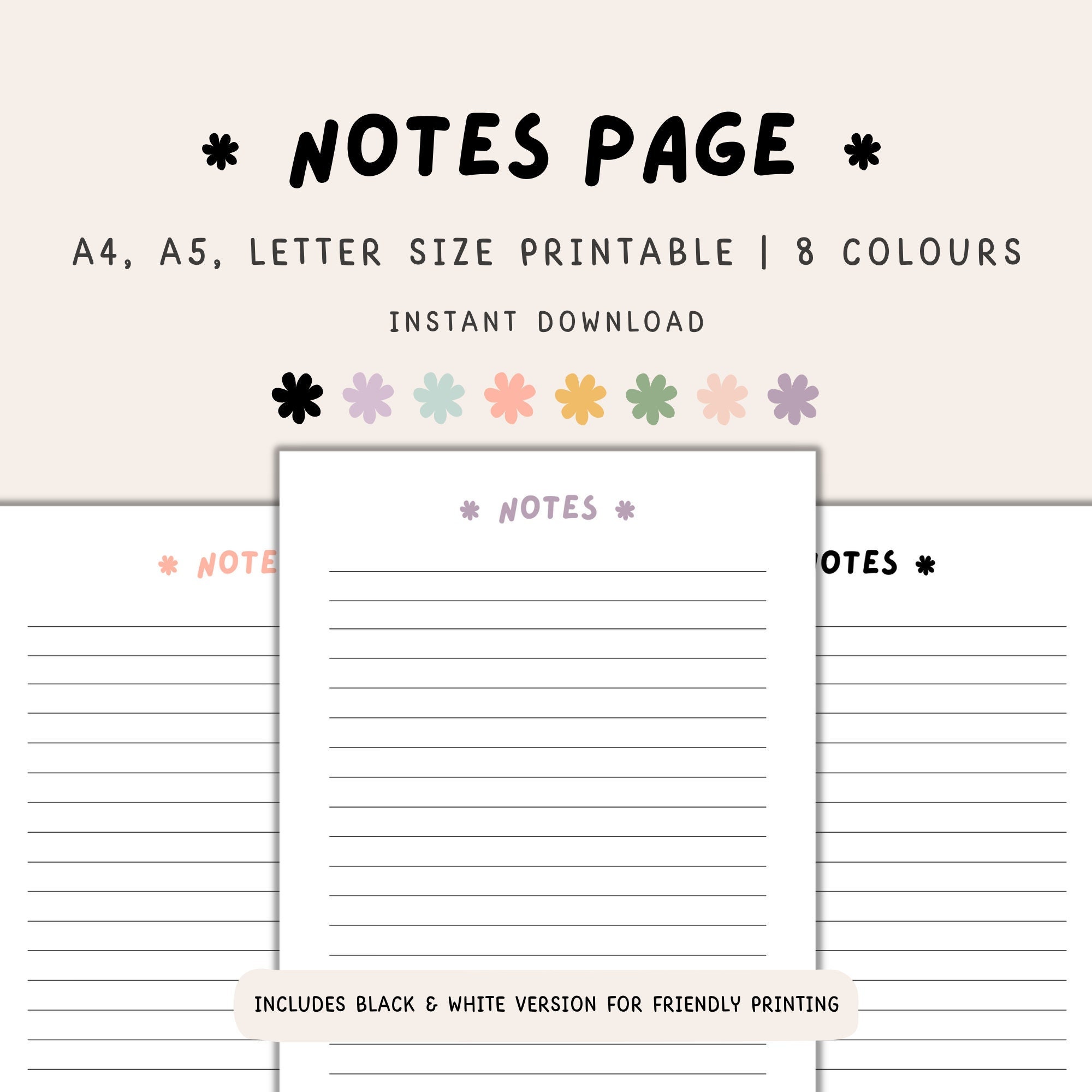 Notes Page Printable, Printable Note Paper, Lined Page, Lined Paper ...