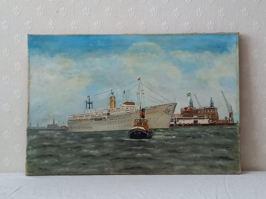 1950's Oil Painting of the Passenger's Ship Leaving Rotterdam Harbour ...