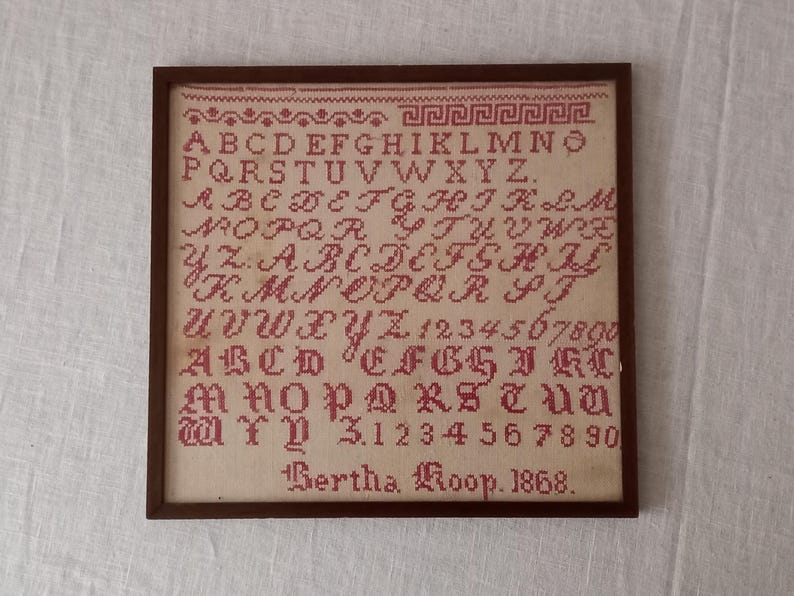 1868 Antique Dutch Red Sampler by Bertha Koop, Antique Dutch Needlework ...