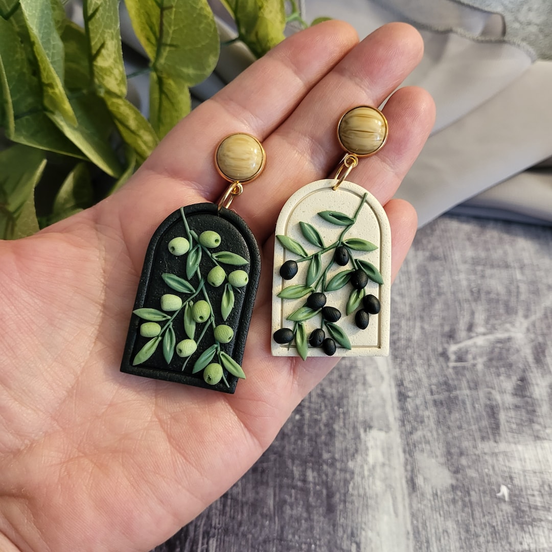 Mismatched Olive Branch Earrings: Polymer Clay Floral Statement Jewelry ...
