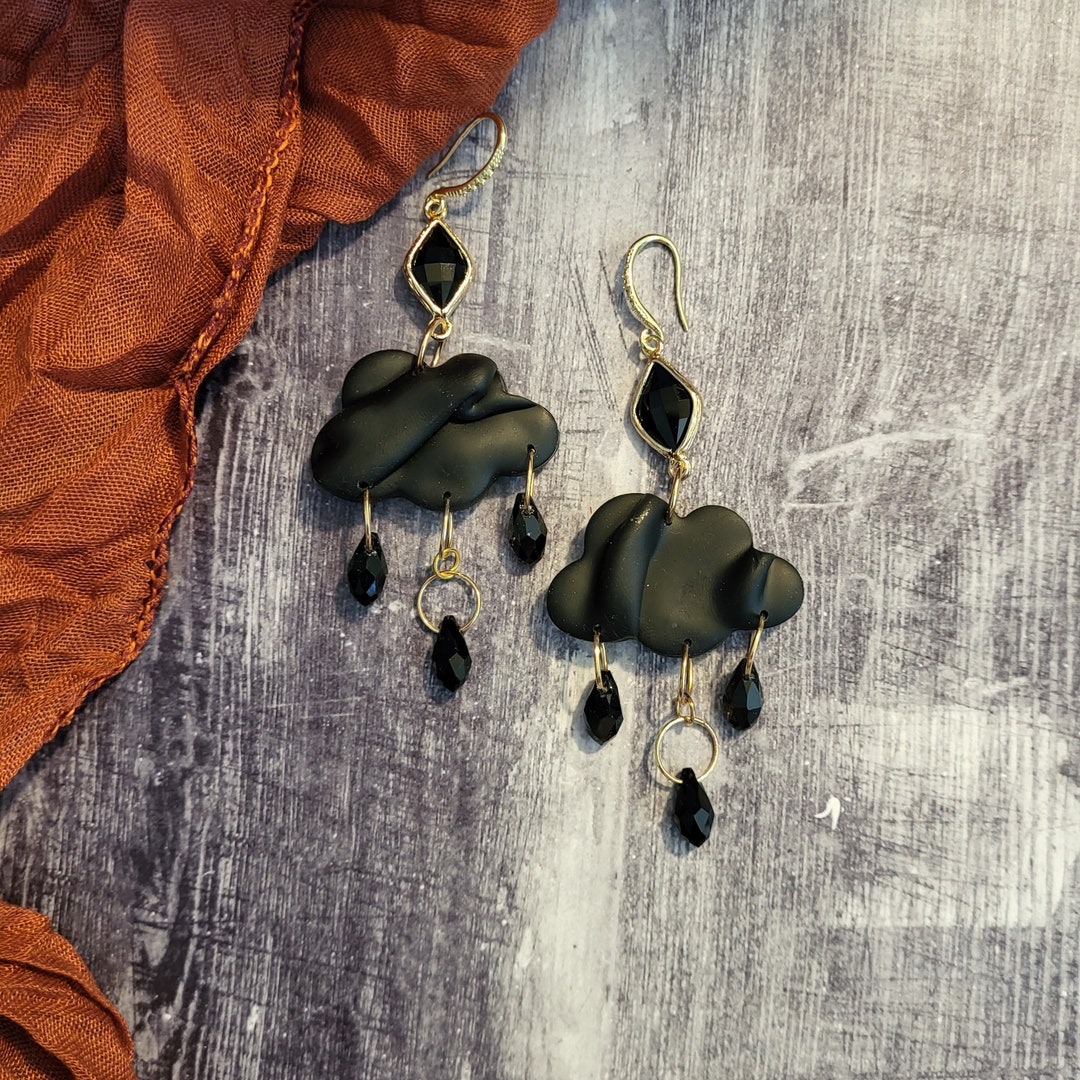 Black Cloud Dangle Earrings: Polymer Clay Raindrop Statement Jewelry - Etsy