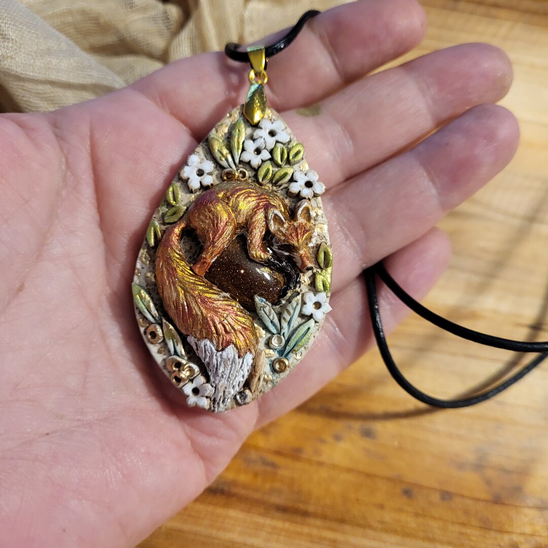 Sleeping Fox With Red Goldstone Pendant, Red Fox Necklace, Fox Pendant ...