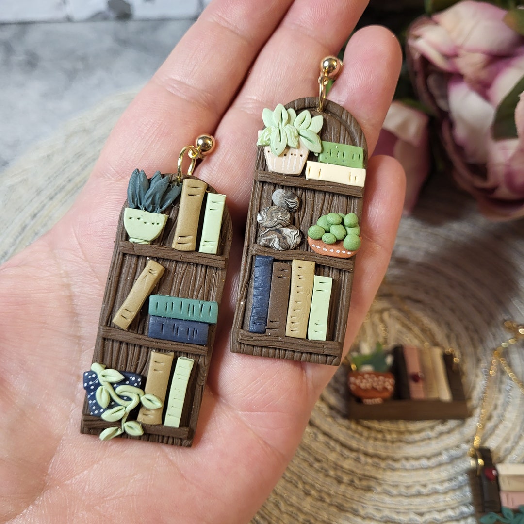 Handmade Polymer Clay Bookcase Earrings: Book Lover Gift - Etsy