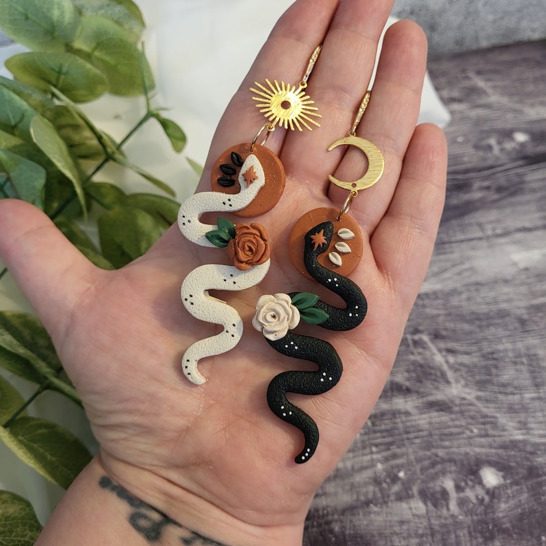 Mismatched Celestial Snake Earrings, Boho Snake Dangles, Pagan Snake ...