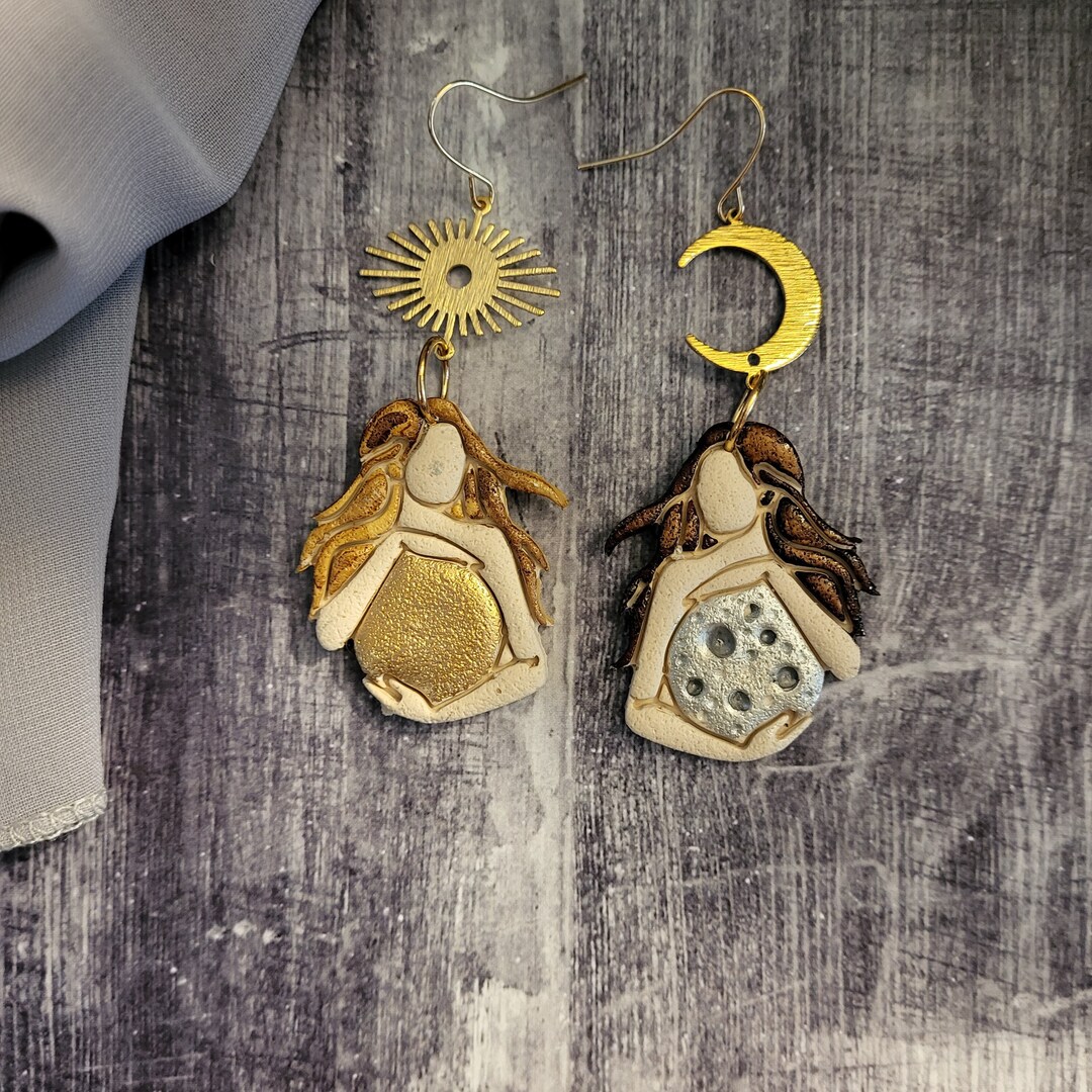 Artemis Goddess Earrings, Sun and Moon Goddess Dangles, Sun and Moon ...