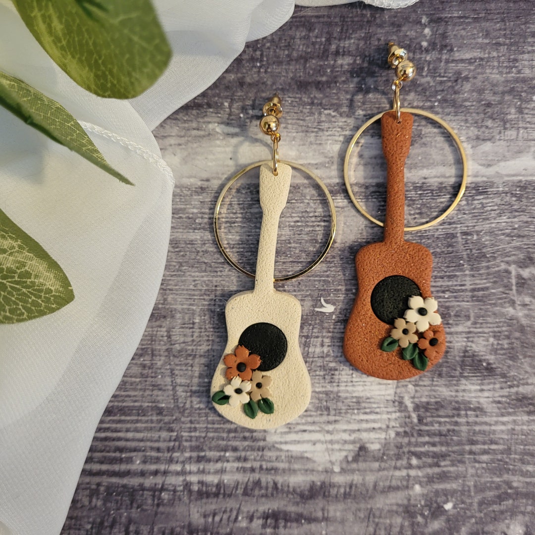 Mismatched Acoustic Guitar Earrings: Boho Floral Polymer Clay Dangles ...