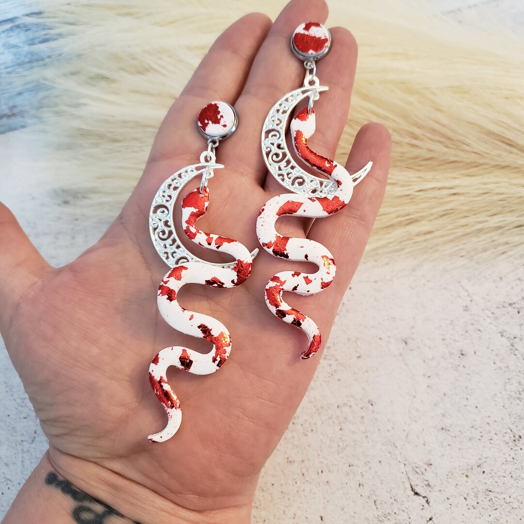 Red and White Foil Snake Earrings, Snake Dangles, Red Dangles, Long ...