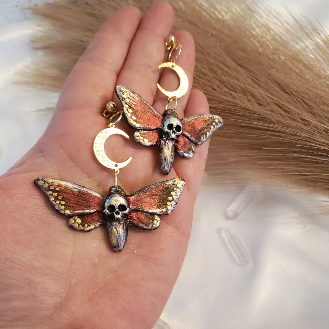 Fire Opal Red Hawks Moth Earrings, Deaths Head Moth Dangles, Deaths-head Hawkmoth, Clay Earrings ...