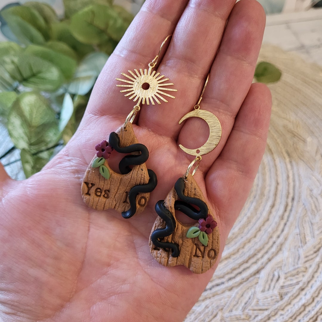Celestial Ouija Planchette With Snake Earrings, Snake and Moon Dangles ...