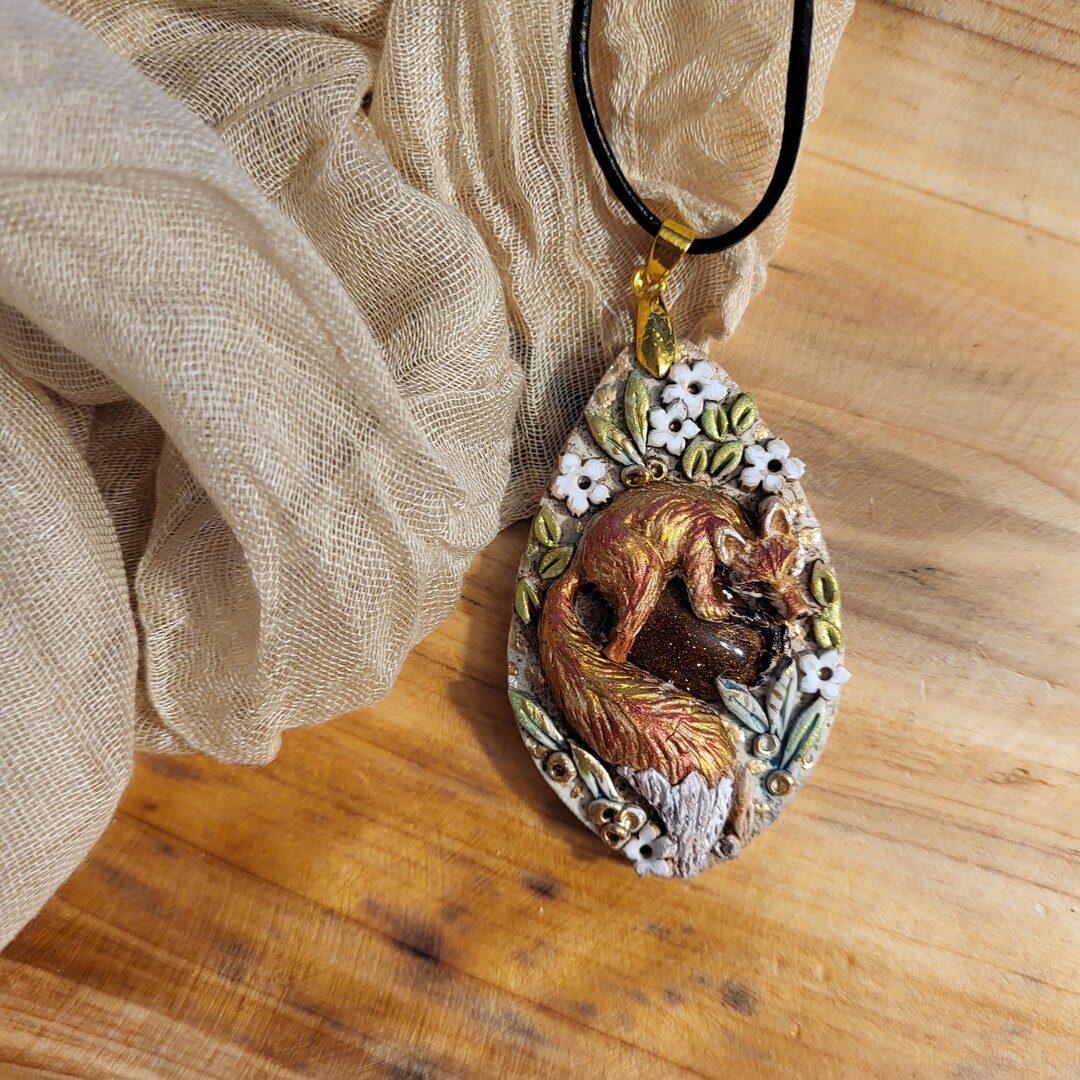 Sleeping Fox With Red Goldstone Pendant, Red Fox Necklace, Fox Pendant ...