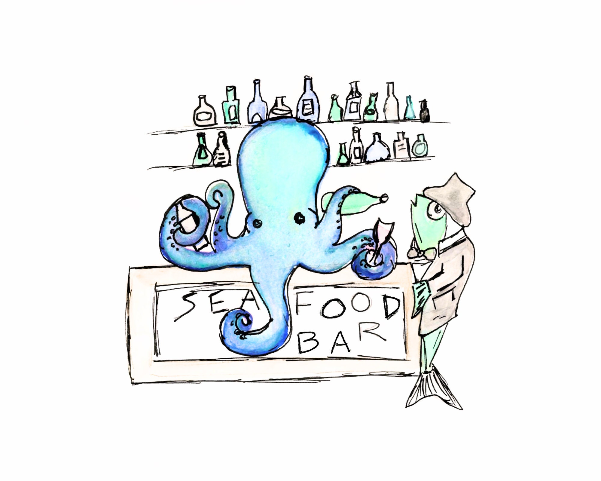Seafood Bar Print Ocean Artwork Octopus Art Fish Art Beach House Decor ...