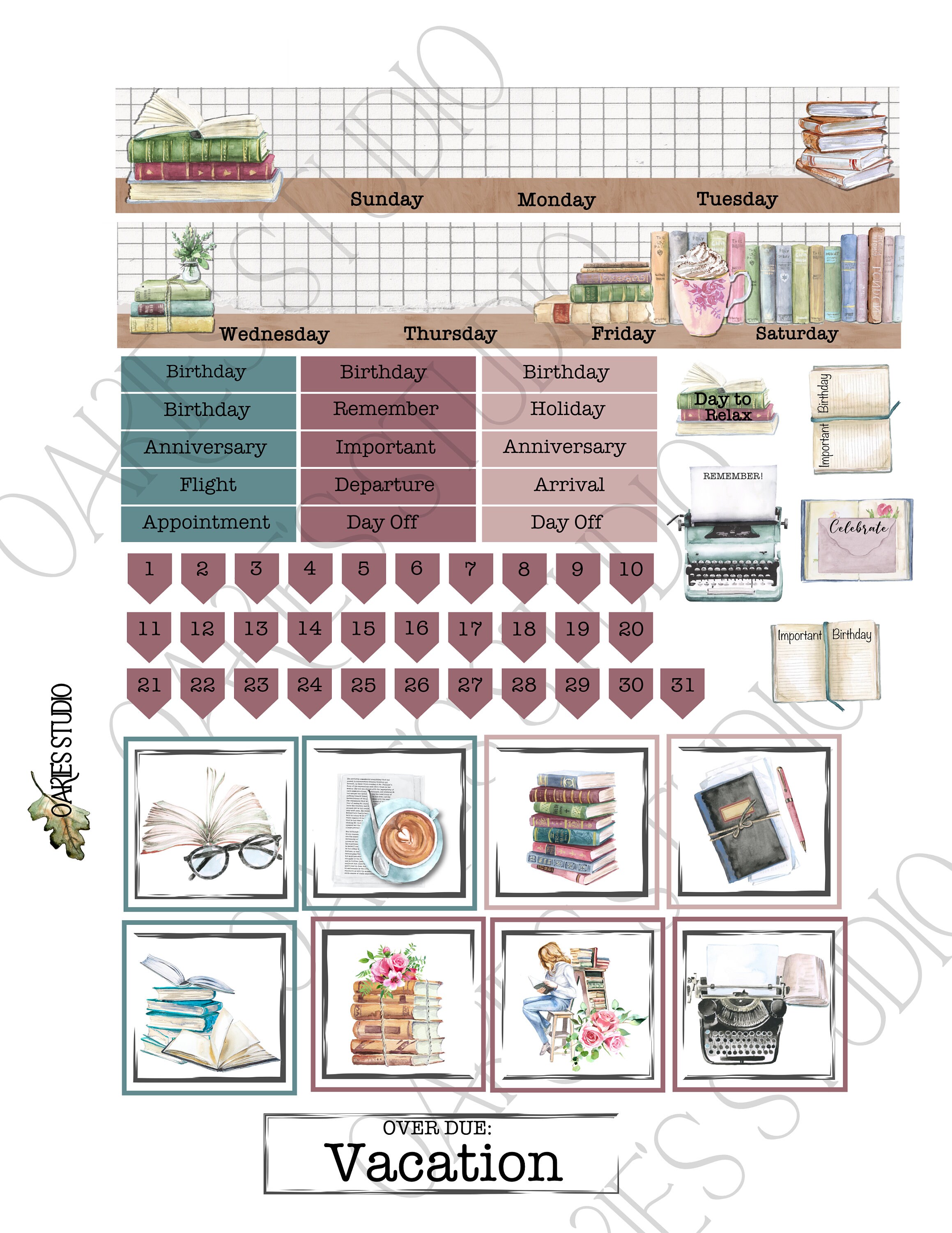 Book Reading Library Monthly Happy Planner Calendar Printable Journal ...