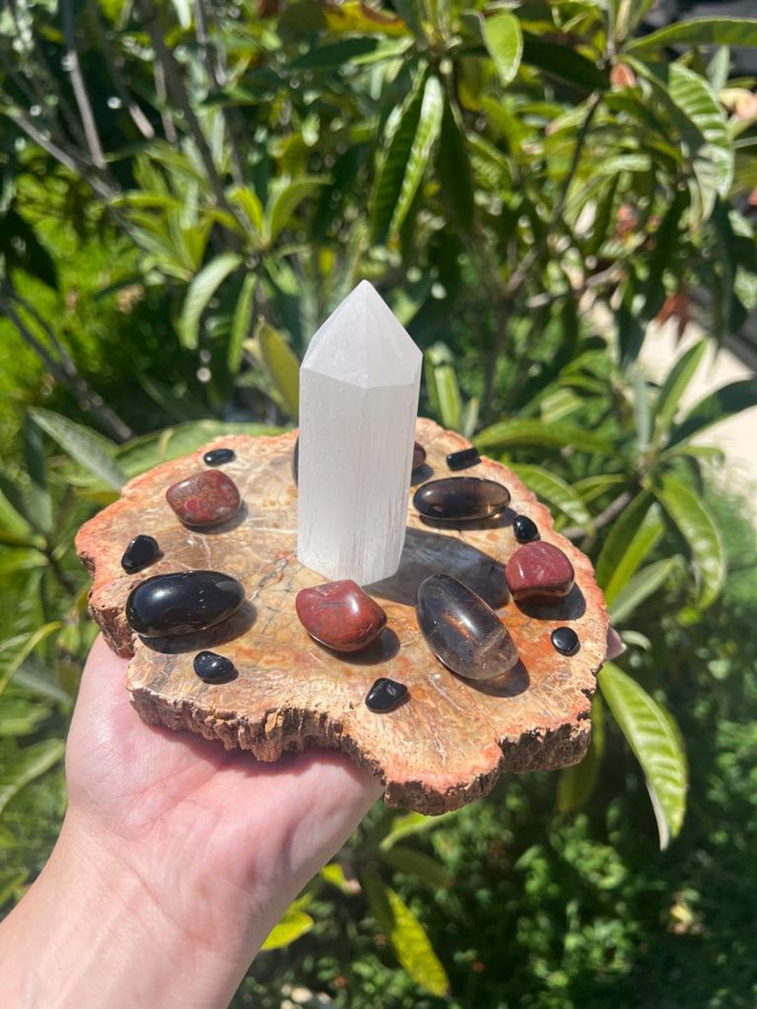 Grounding Crystal Grid Kit – Petrified Wood Plate, Selenite Generator ...