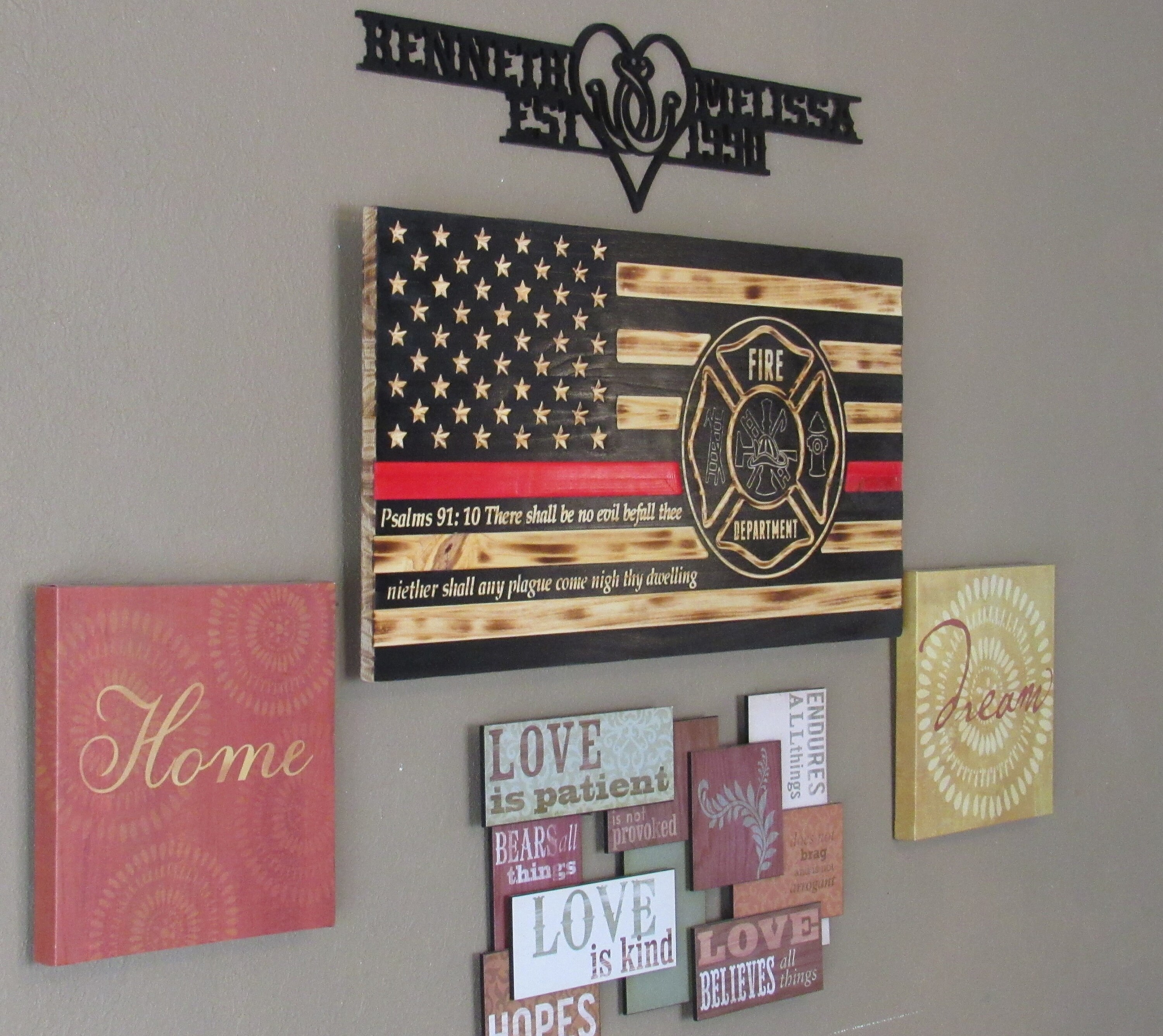 Thin Red Line Fire Department Flag Psalms 91:10 Wooden Fire Department ...