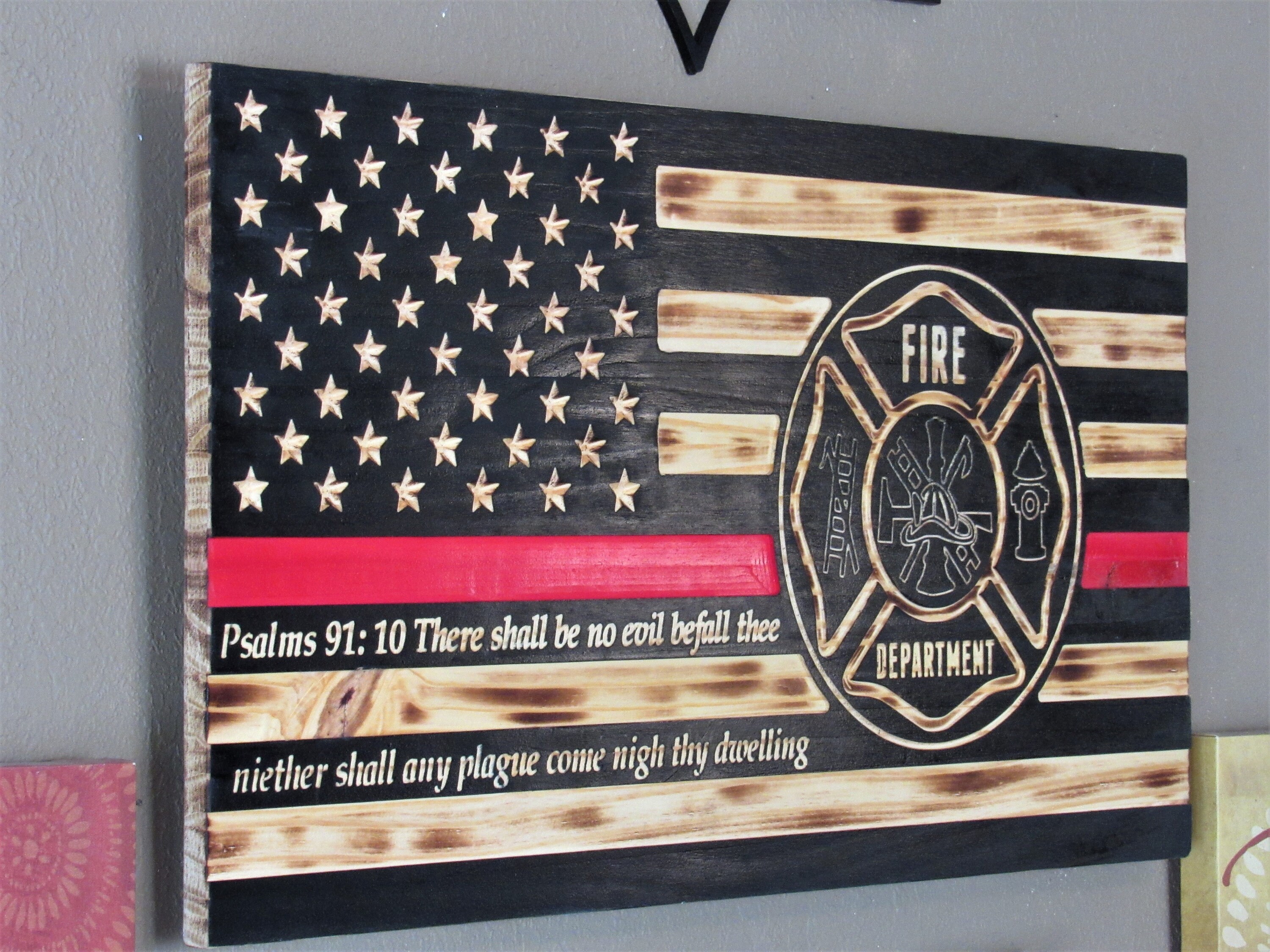 Thin Red Line Fire Department Flag Psalms 91:10 Wooden Fire Department ...