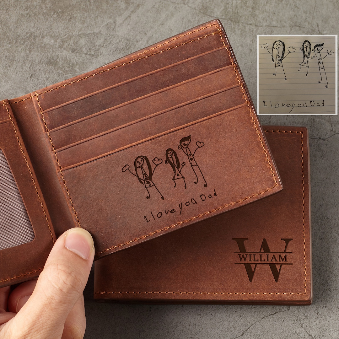 Dad Wallet With Kid Drawing, Dad Birthday Gift, Personalized Leather ...