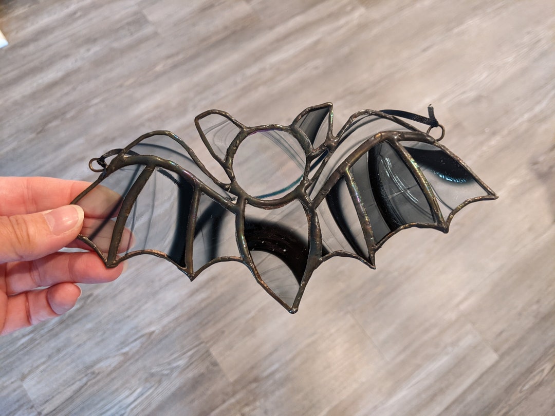 Black Bat, Stained Glass Bat, Black Swirl Glass, Glass Decor, Halloween ...
