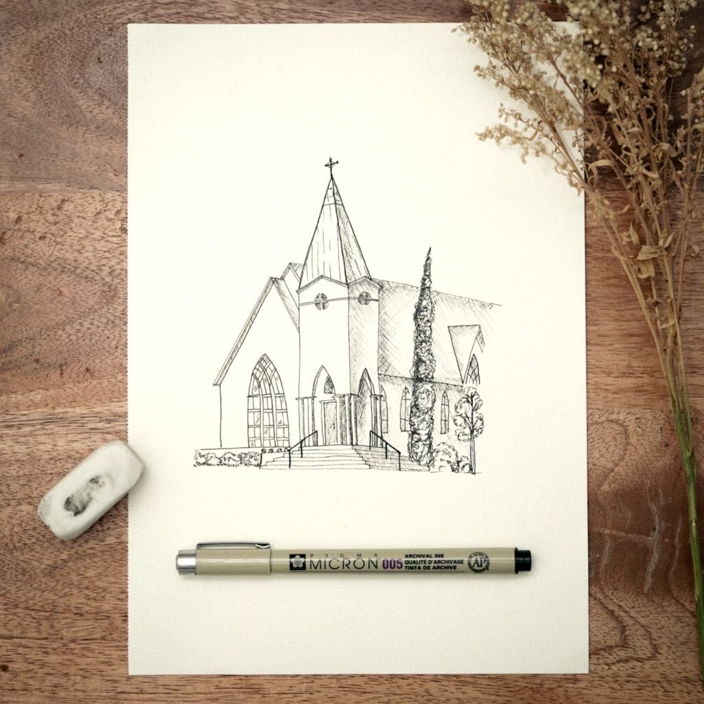 Custom Church Ink Illustration, Wedding, Anniversary, Baptism Gift ...