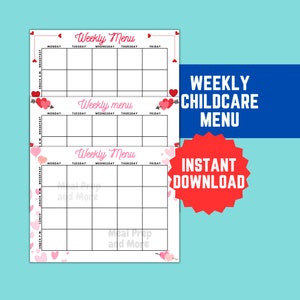Childcare Weekly Menu Log Download Multipack Hearts Daycare Food ...