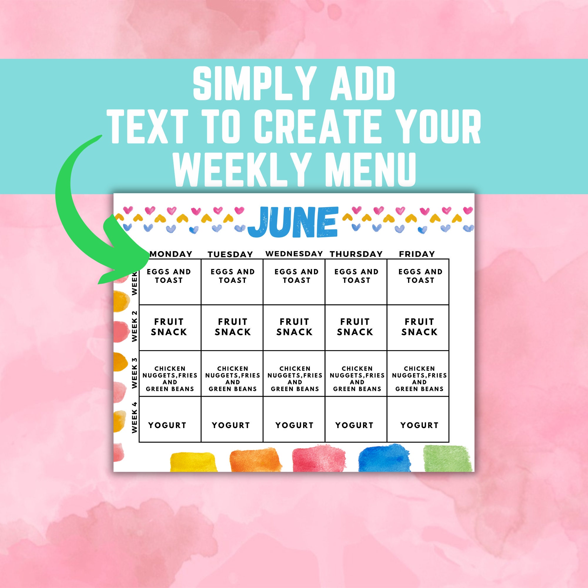Childcare Monthly Menu Editable Template - Daycare Food Tracker ...