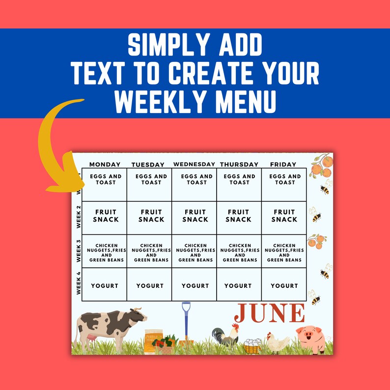 Childcare Monthly Menu Editable Template - Daycare Food Tracker ...
