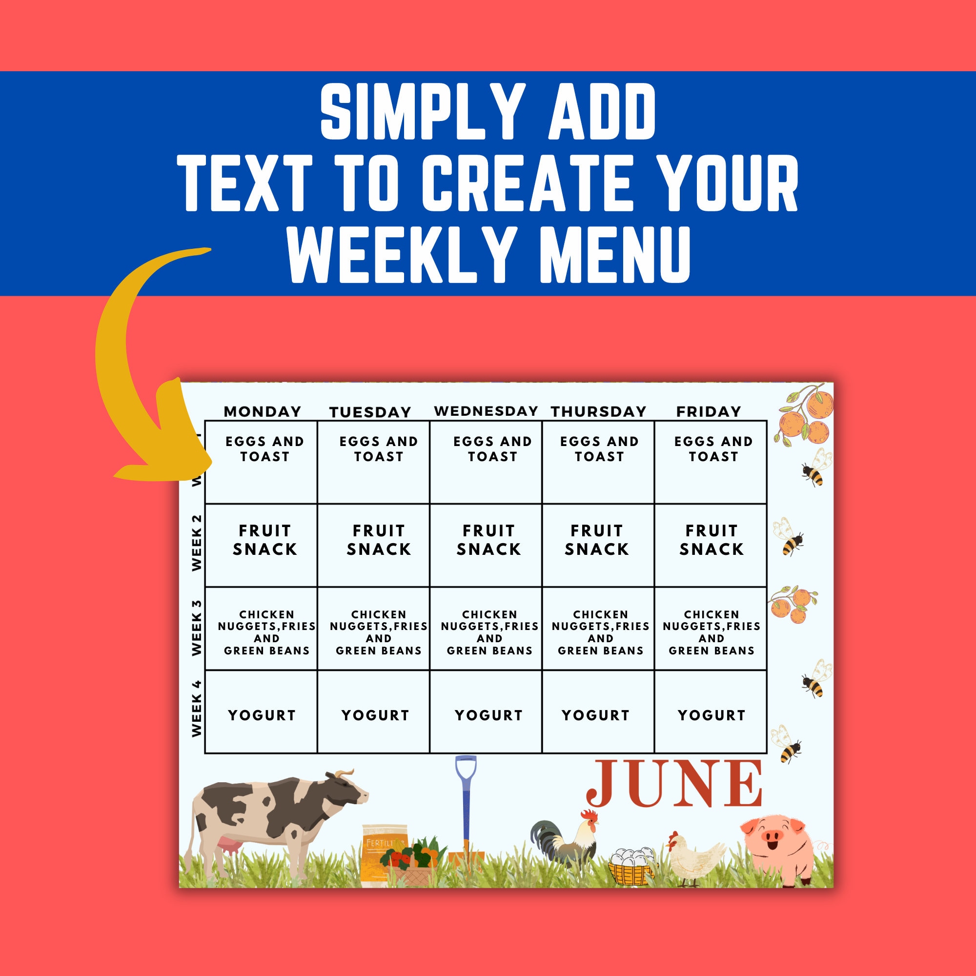 Childcare Monthly Menu Editable Template - Daycare Food Tracker ...